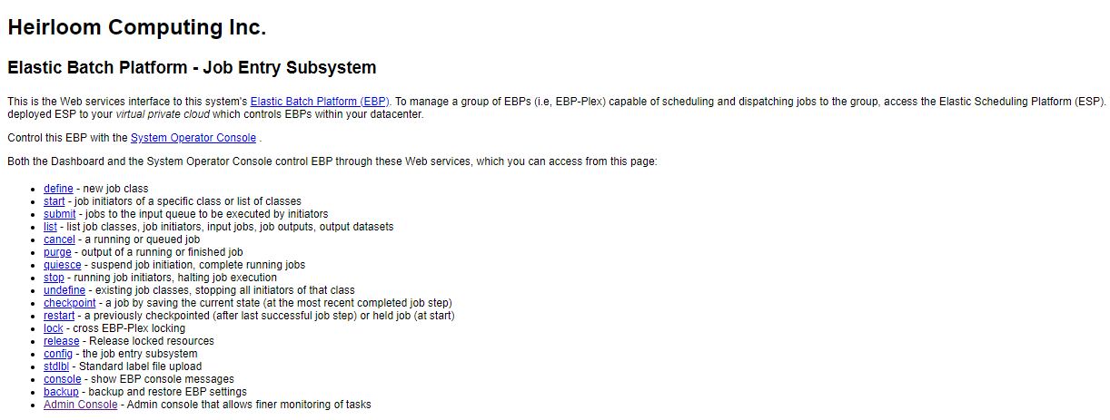 EBP Console UI/API – Heirloom Computing